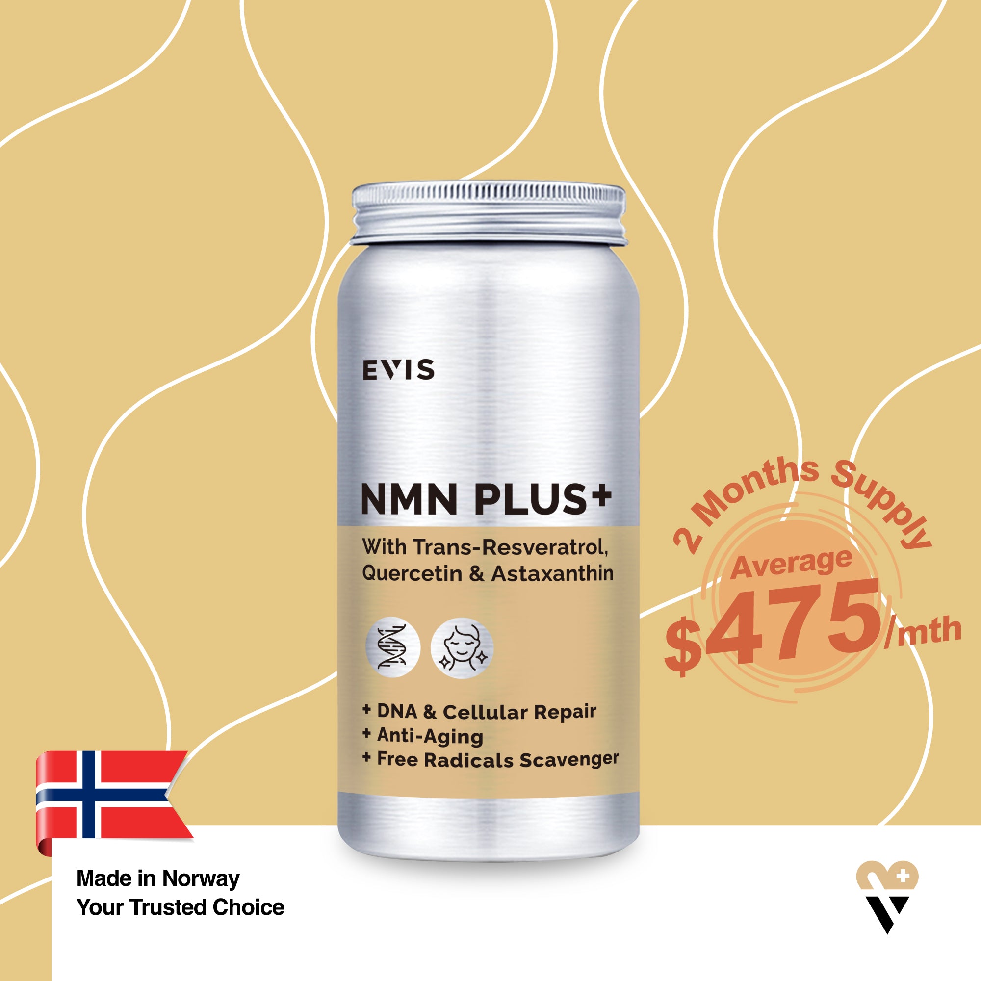 NMN PLUS+研活美肌 (添加白藜蘆醇、槲黃素及蝦青素) | 醫學逆齡抗氧化 120粒裝 2個月份量 – EVIS HEALTH